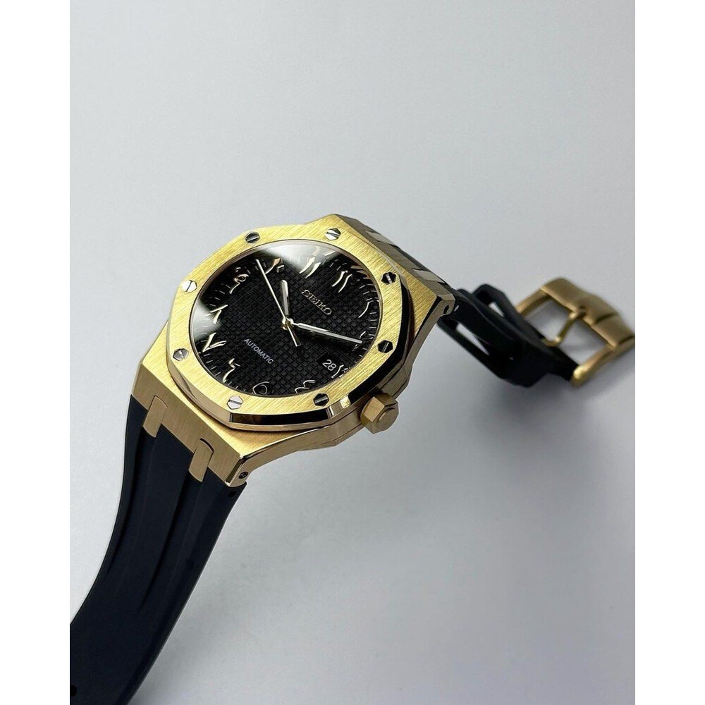 Custom Seiko Mod • Black Gold Arabic AP on rubber strap • 41mm - E&S ...